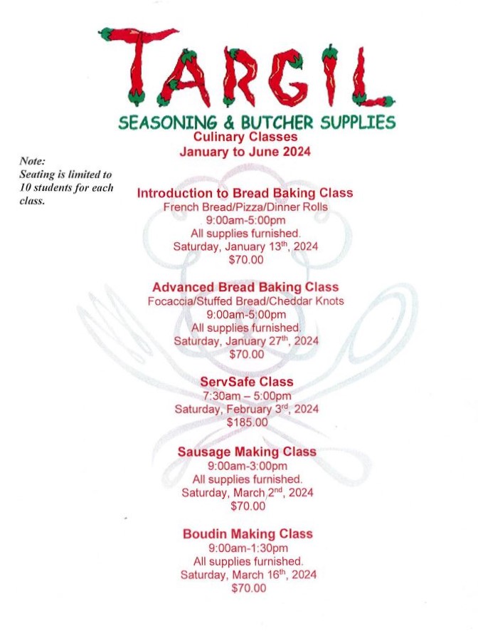 Culinary Class Schedule | Targil Seasoning & Butcher Supplies